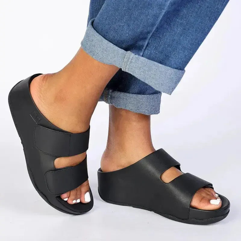 Fit Flop Shuv Leather Adjustable Slide - Black | Shoe Box Online Store